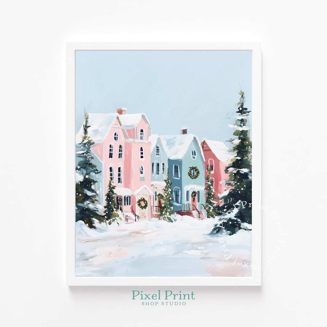 Winter Printable - Vintage Victorian Houses in Snow, Cottagecore Pastel ...