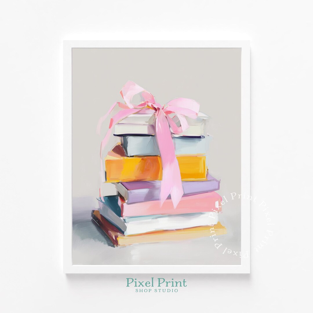 Printable Stack of Books With Pink Ribbon - Pastel Feminine Wall Art ...