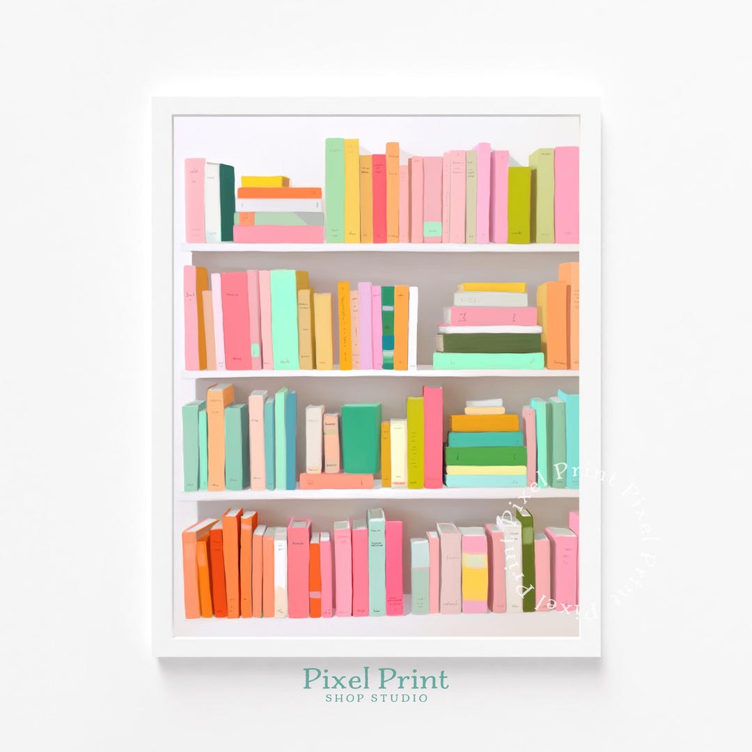 Cute Modern Bookshelf Printable - Pastel Wall Art, Colorful Minimalist ...
