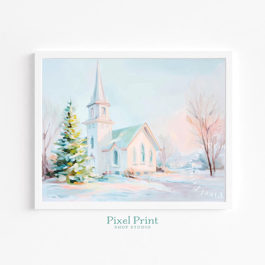 Winter White Country Church Painting - Cottagecore Holiday Decor, Snowy ...