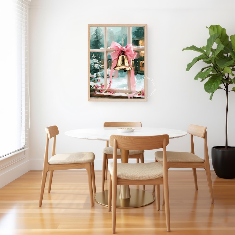 Impressão vintage de sino de Natal, laço rosa, decoração de inverno ...