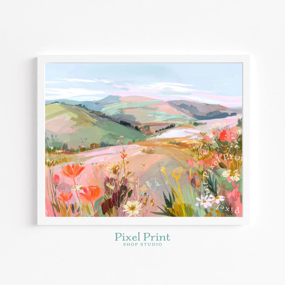 Cottagecore English Countryside Wall Art - Pastel Wildflower Meadow in ...