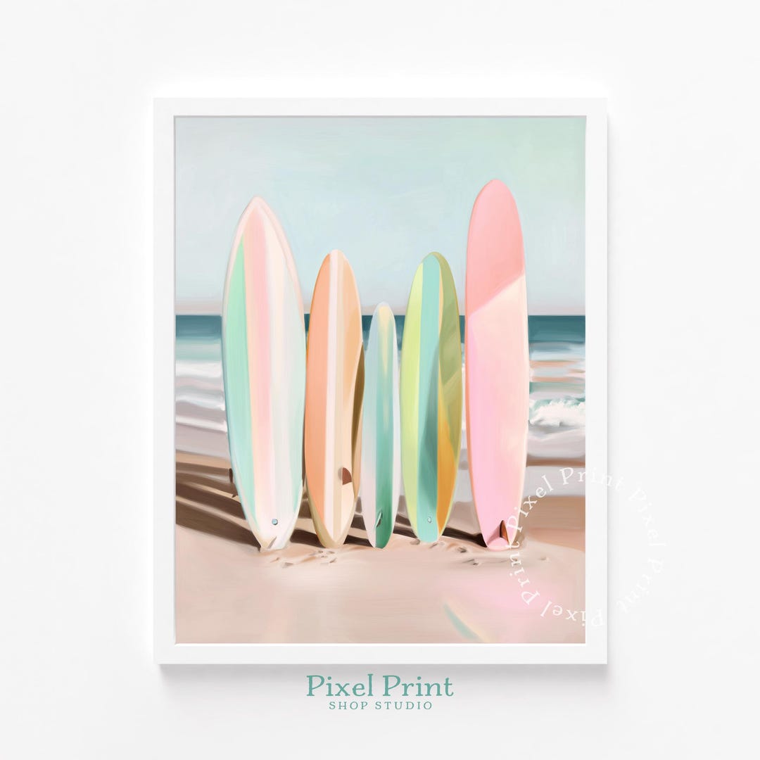 Pastel Surfboards on Sandy Beach Printable Art - Coastal Summer Wall ...