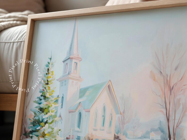 Winter White Country Church Painting - Cottagecore Holiday Decor, Snowy ...