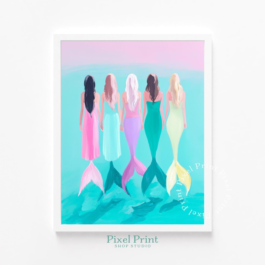 Five Pastel Mermaids in Shallow Water - Dreamy Coastal Nursery Decor ...
