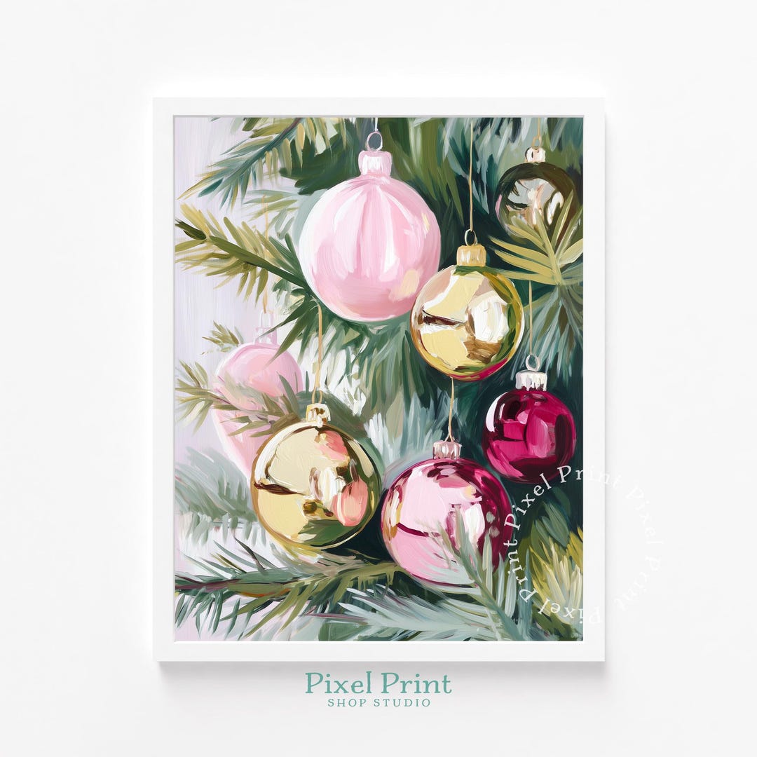 Vintage-style Christmas Ornament Cluster Painting, Pastel Pink and Gold ...
