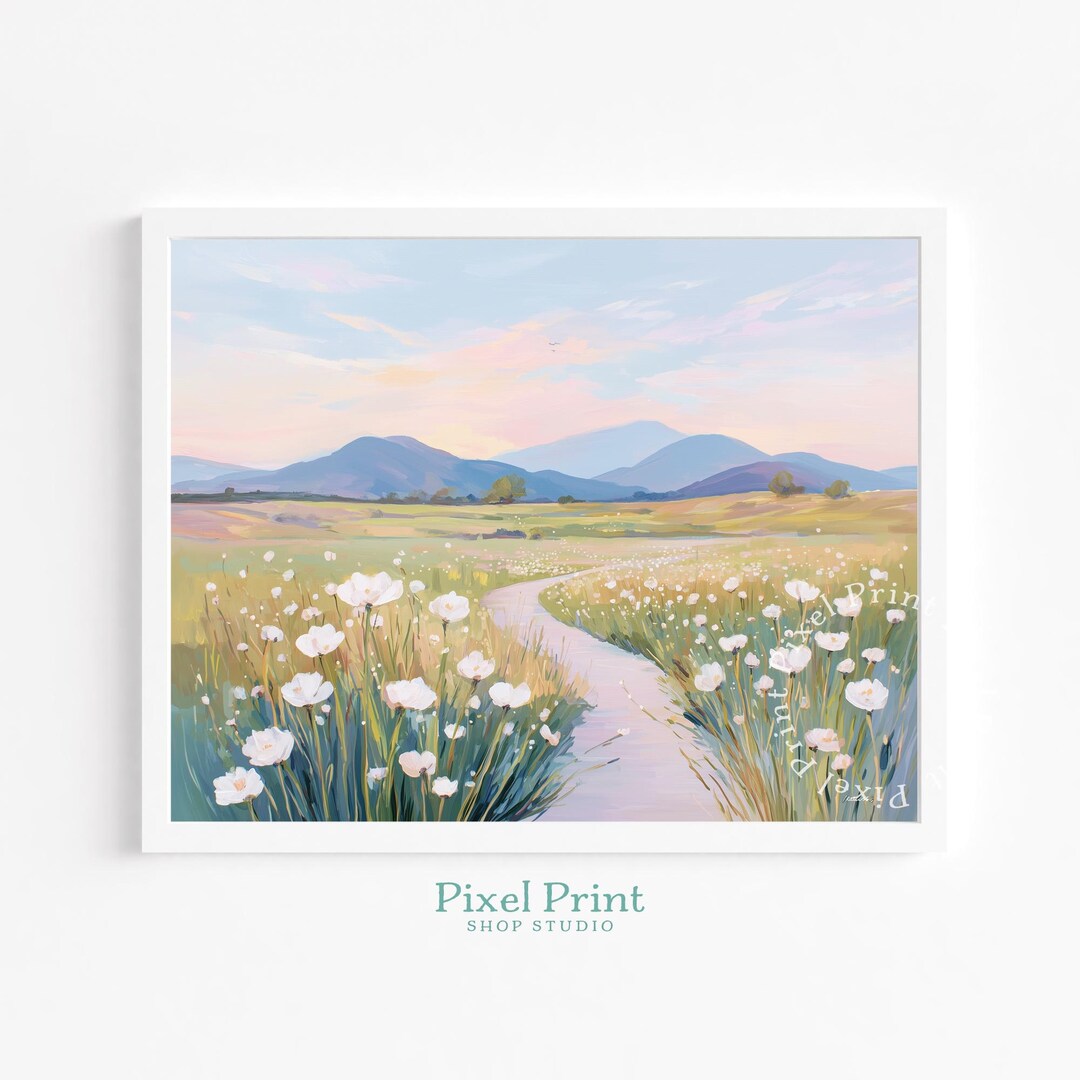 Cottagecore Path Through Pastel Meadow - Printable Spring Landscape Art ...