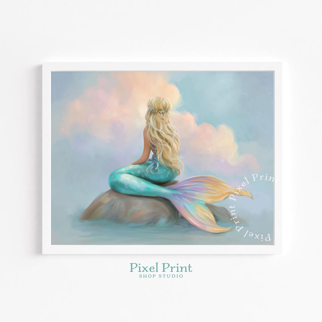 Dreamy Mermaid Printable - Soft Watercolor Pastel Coastal Fantasy Art ...