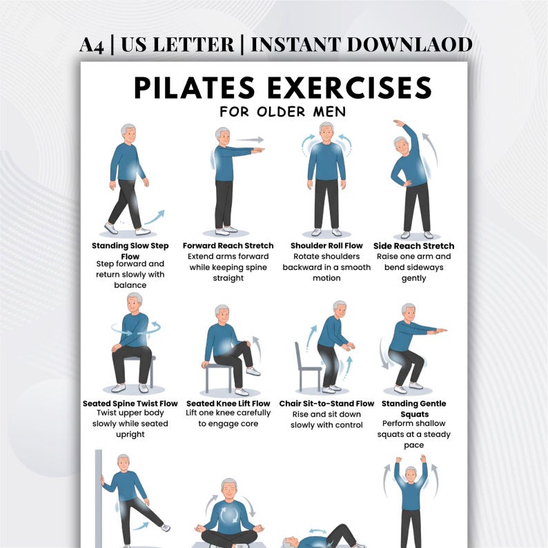 Pilates Exercises for Older Men Printable, Senior Men Workout Routine ...