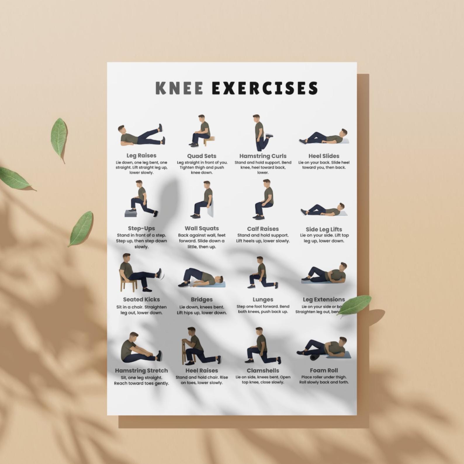 Knee Exercises Chart Printable, Knee Friendly Poster, Senior Workout ...