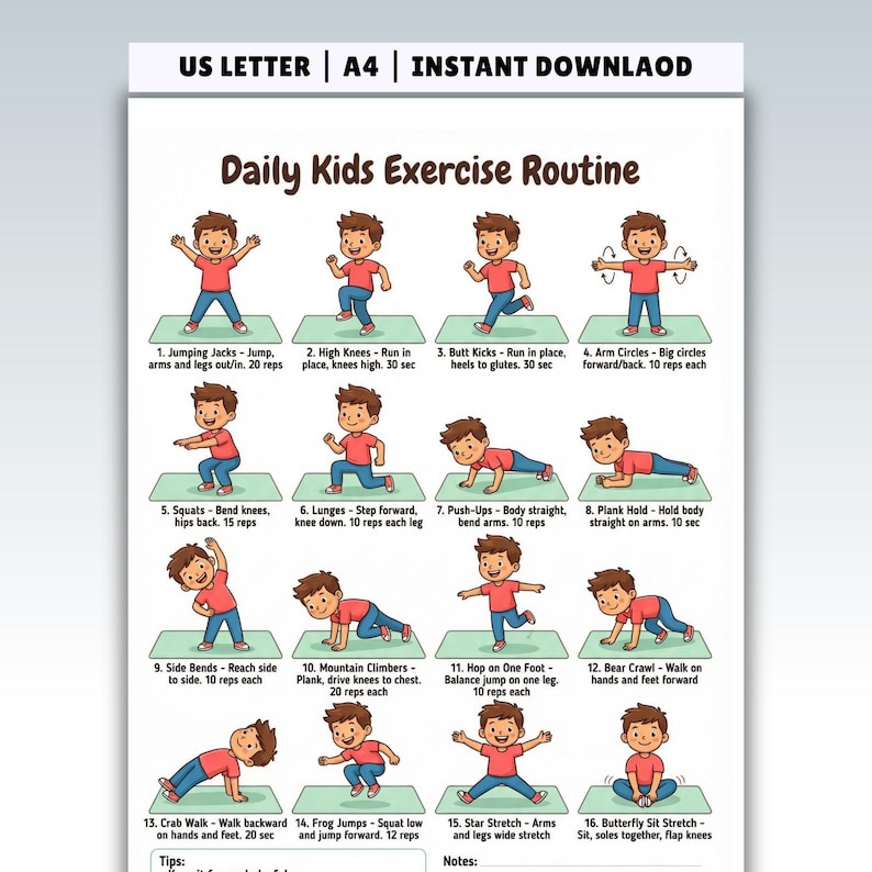 Kids Exercise Chart Printable – 16 Daily Workout Moves Poster | Kids ...