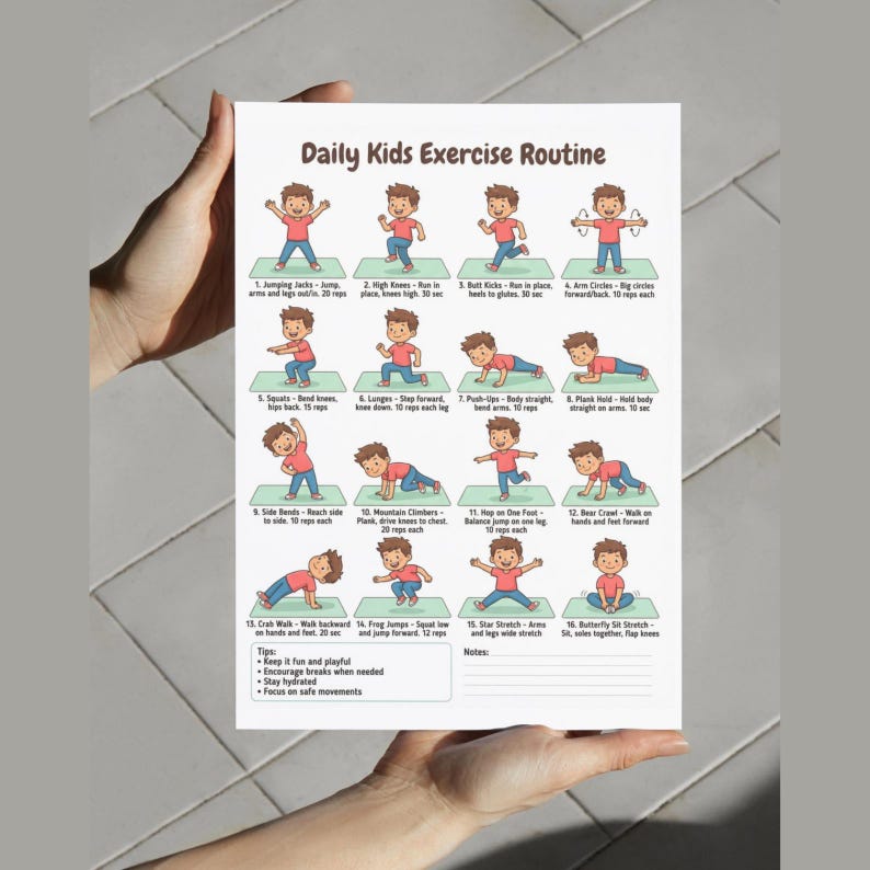 Kids Exercise Chart Printable – 16 Daily Workout Moves Poster | Kids ...
