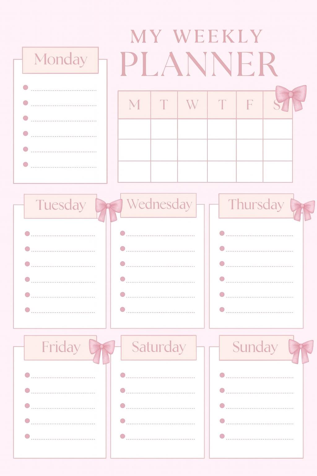 Pink Bow Weekly Planner Template • Pastel Printable (PDF) - Etsy