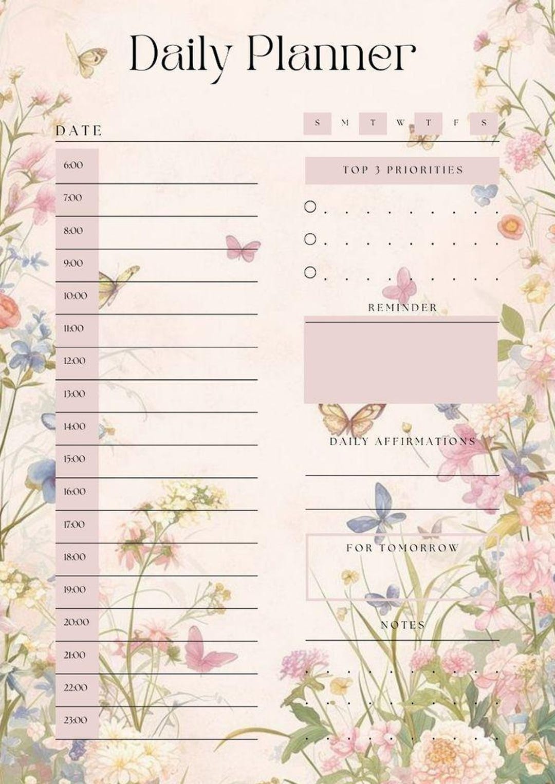 Floral Butterfly Daily Planner Printable | Hourly Schedule (PDF) - Etsy