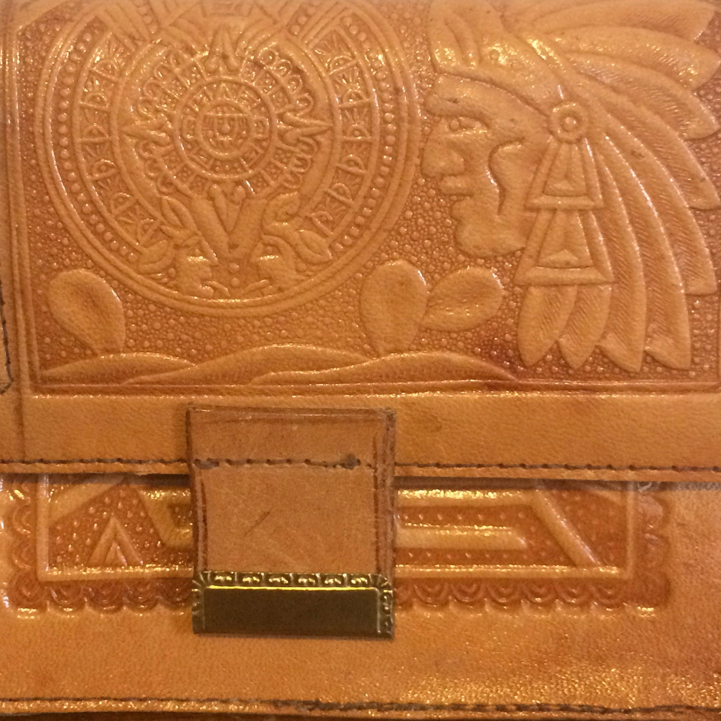 Vintage 70s Tooled Leather Mexican Wallet / Indian Head Aztec Design ...