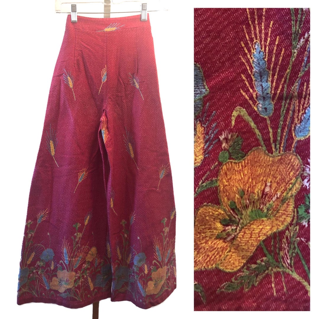 Vintage 60s 70s Red Bell Bottom Jeans With Floral Design / Boho Hippie ...