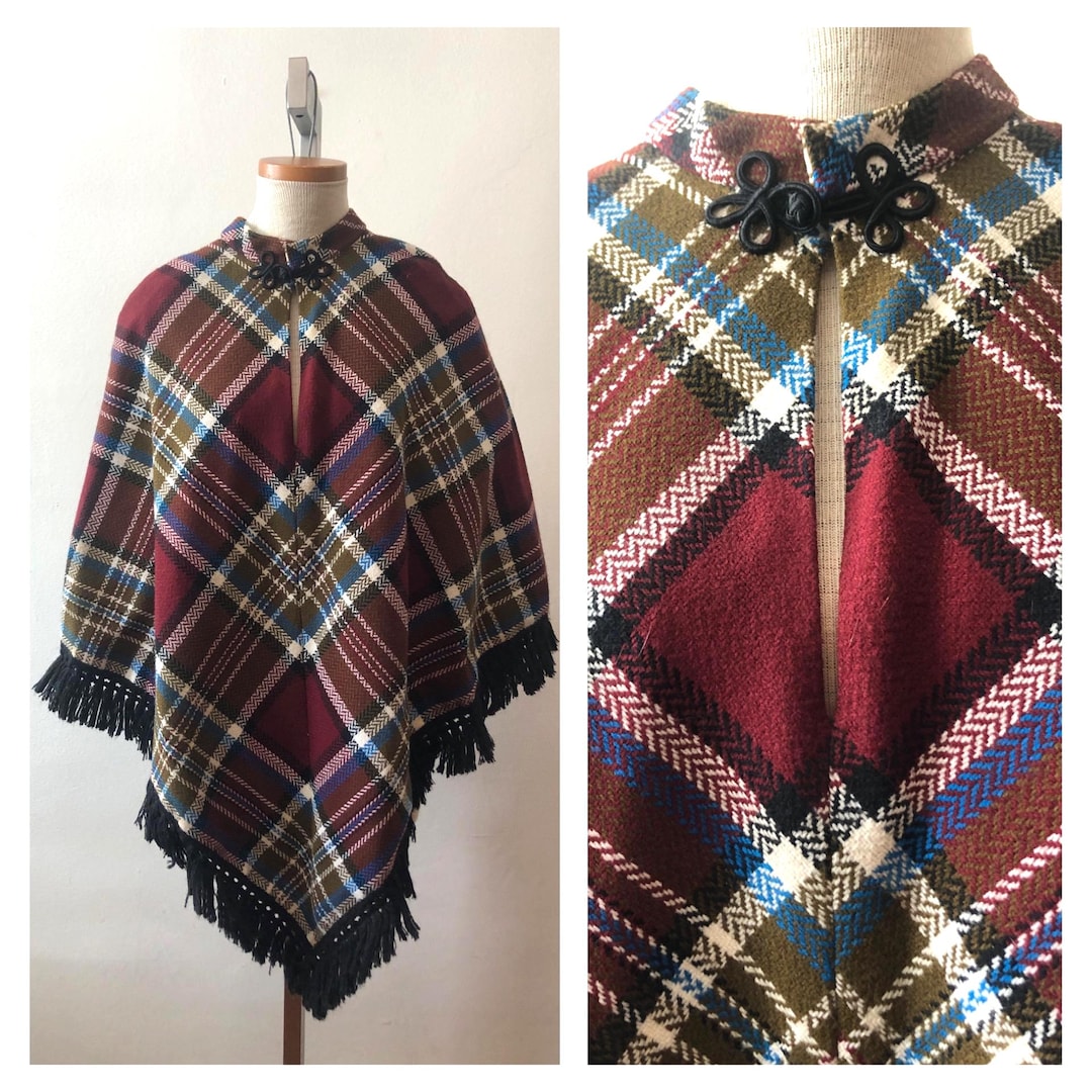 Vintage 60s Plaid Poncho Jacket / Wool Fringed Cape Coat - Etsy