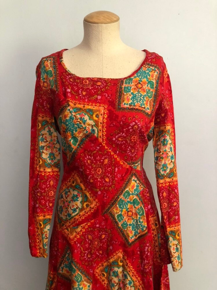 60s Floral Print Dress / Blue Red Flower Print Dress / Hippie Boho ...