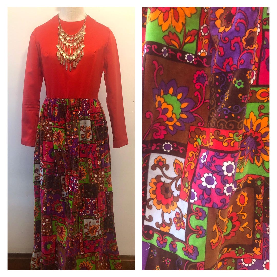 Vintage 60s 70s Red Patchwork Velvet Maxi Dress / Floral Mid Century ...
