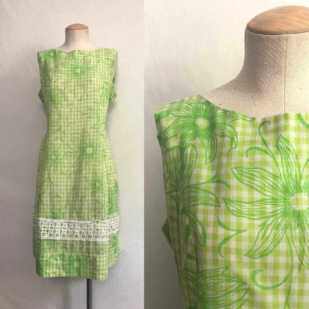 Vintage 60s Green Gingham Sun Dress / Sleeveless Floral Cotton Day ...