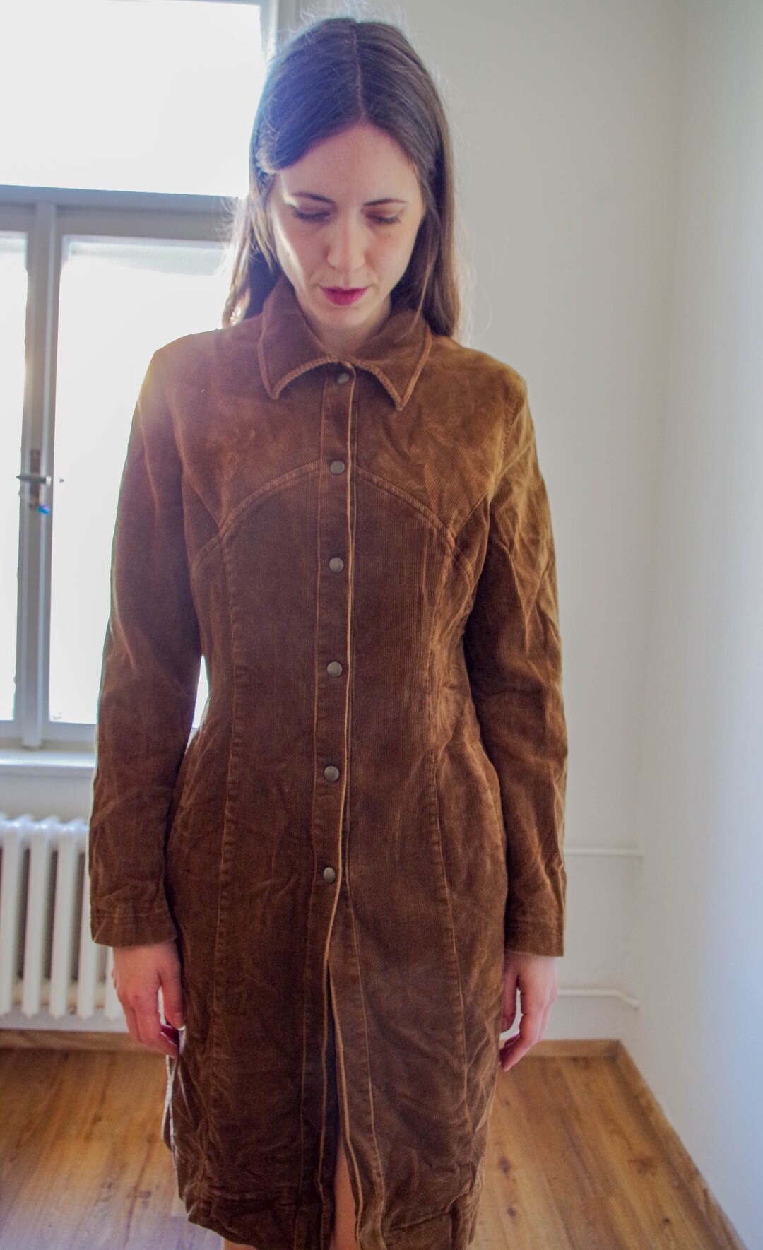 Vintage 90s "chestnut Cordial" Brown Knee Length Button Down Cord Dress ...