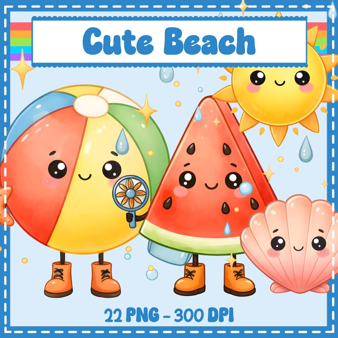 Watercolor Cute Beach Clipart, 22 PNG, Summer Items, Kawaii Objects ...