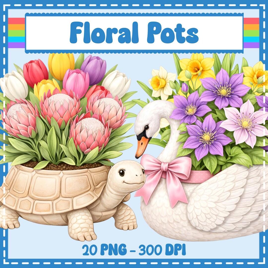 Floral Pots Clipart, 20 PNG, Spring Flower Watercolor, Digital Graphics ...