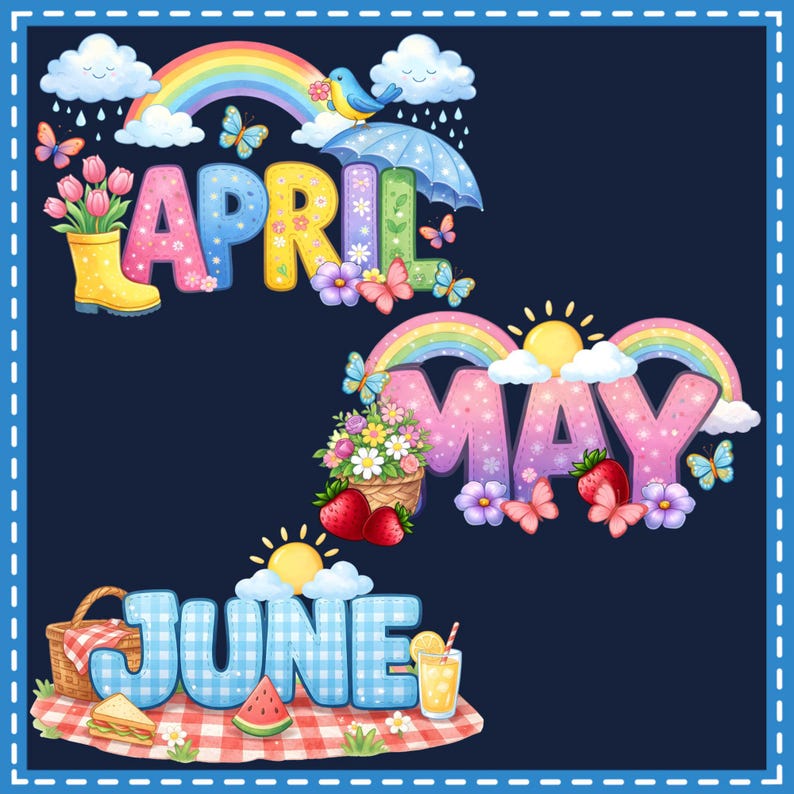 Calendar Months Clipart, 12 PNG, Months of the Year, Cross Stitch ...
