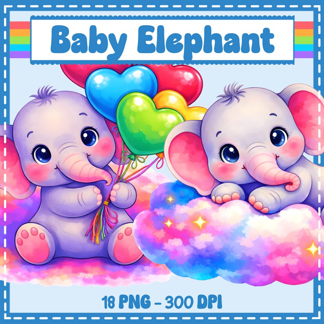 Watercolor Baby Elephant Clipart, 18 PNG, Adorable Digital Illustration ...