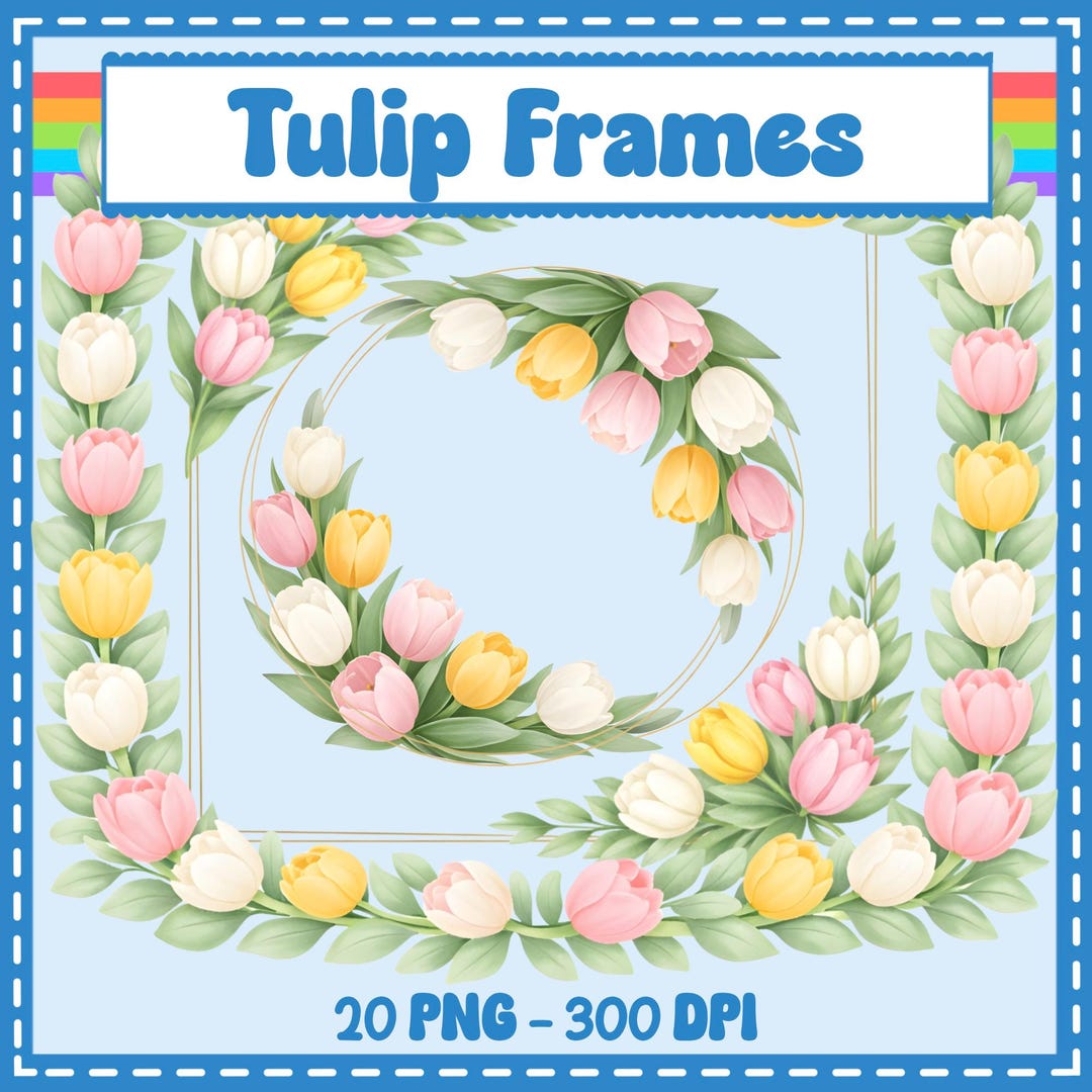 Tulip Frames Clipart, 20 PNG, Watercolor Digital Flowers, Pastel Floral ...