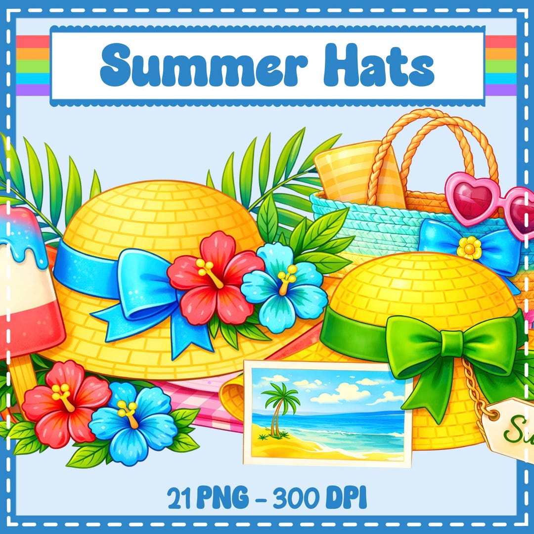 Watercolor Summer Hats Clipart, 21 PNG, Different Tropical Color ...