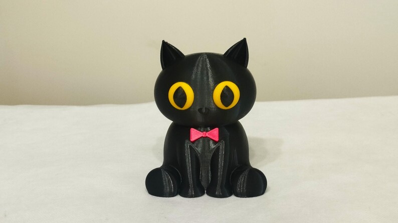 3D Printed Black Cat Figurine - Desk Decor With Red Bowtie - Etsy