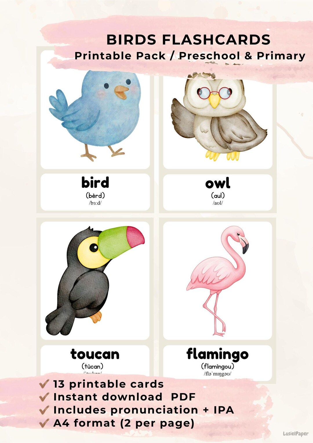 Birds Flashcards Printable | 13 Animal Cards | Preschool & Primary ...