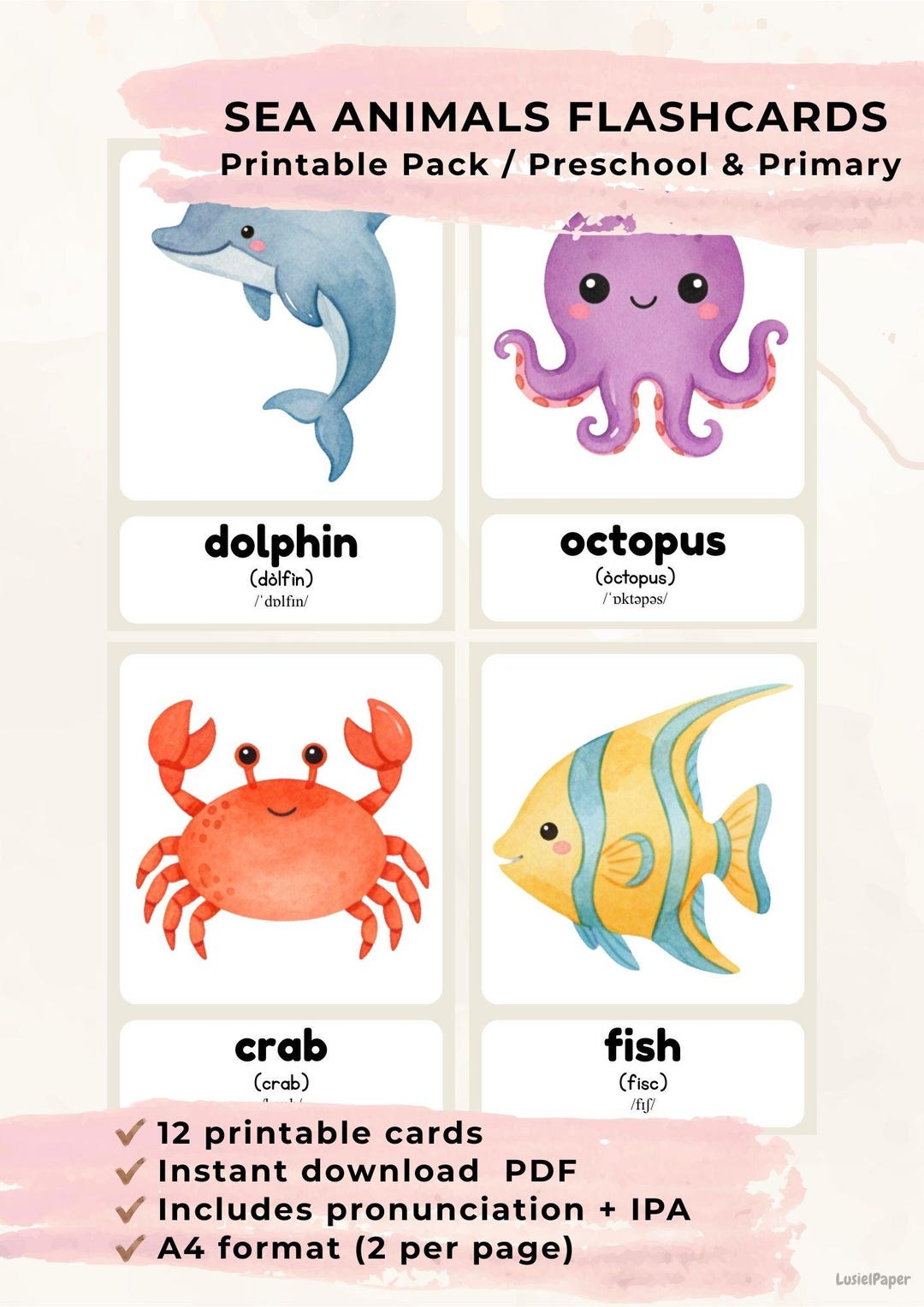 Sea Animals Flashcards Printable | 12 Animal Cards | Preschool ...