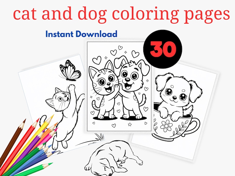 30 Cat and Dog Pages – Cute Pet Coloring Book Printable | Kids & Adults ...