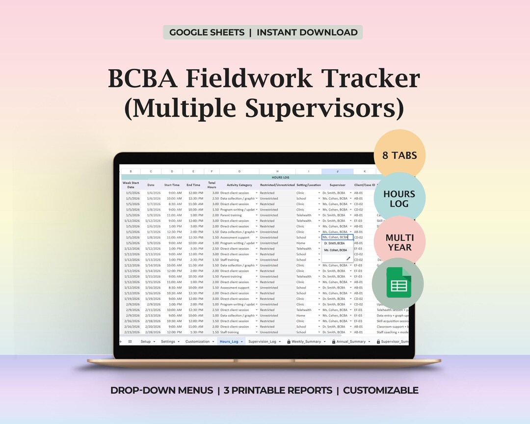 BCBA Fieldwork Tracker Spreadsheet Multi Supervisor Hours Log ...