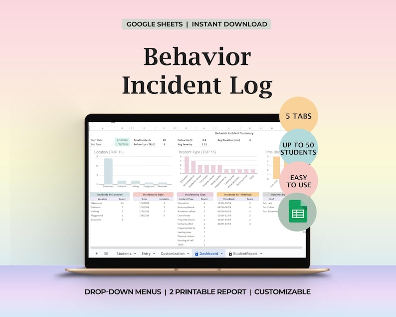 Behavior Incident Log Spreadsheet Google Sheets Quick Entry Auto ...
