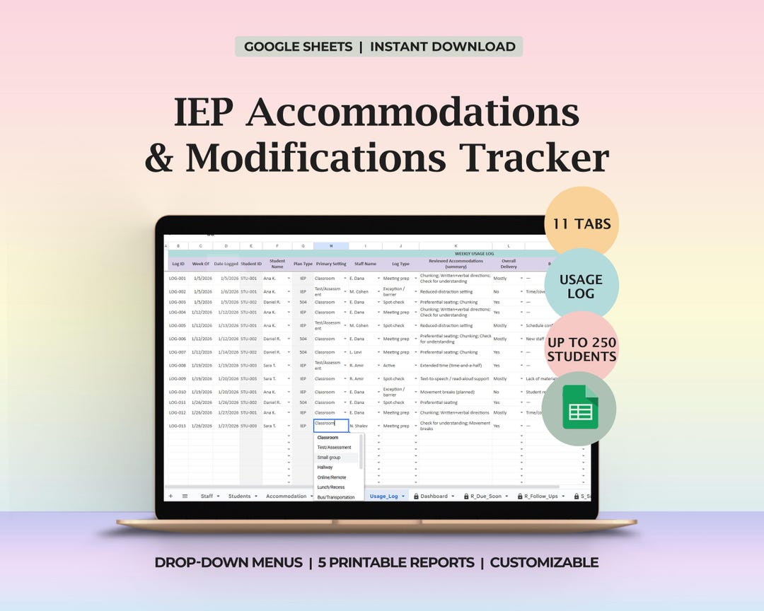 IEP 504 Accommodation Log Spreadsheet Google Sheets Caseload Dashboard ...