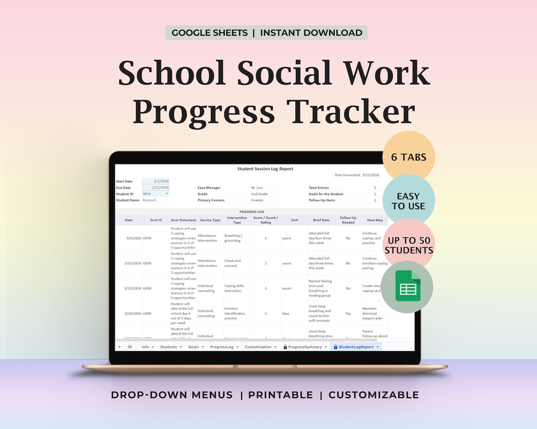 School Social Work Progress Monitoring Spreadsheet Student Goal Tracker ...