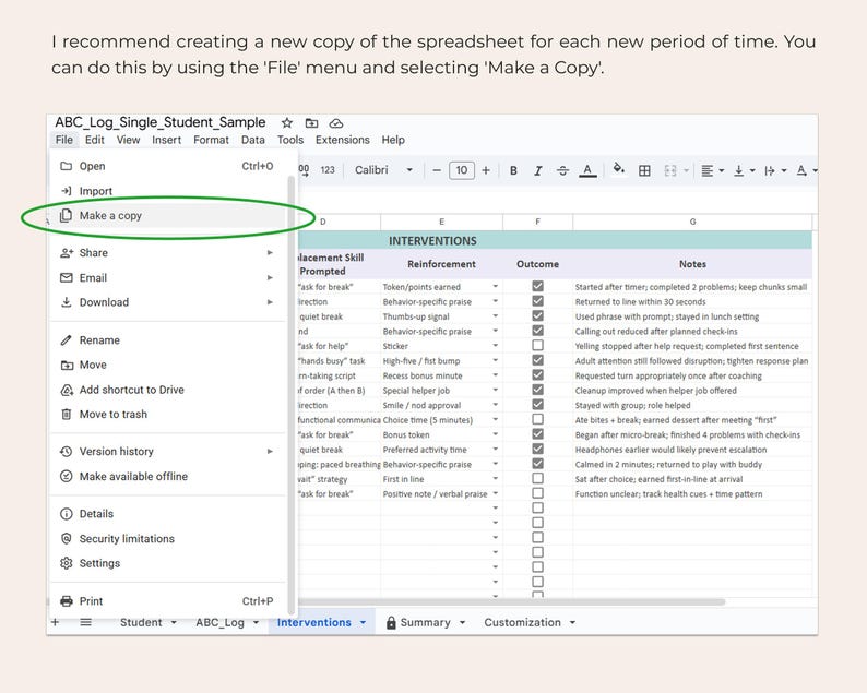 ABC Behavior Log Spreadsheet Template Single Student Data Tracking ...