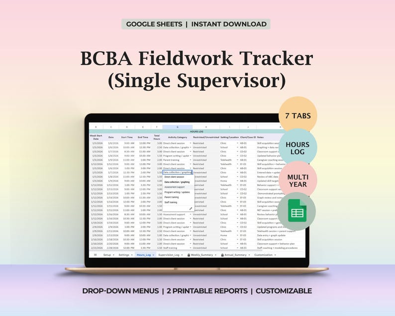 BCBA Fieldwork Tracker Google Sheets Template Single Supervisor Hours ...