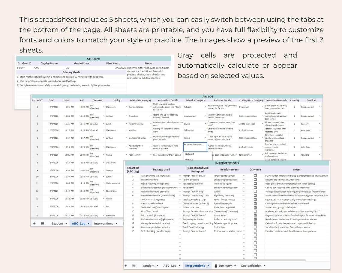 ABC Behavior Log Spreadsheet Template Single Student Data Tracking ...