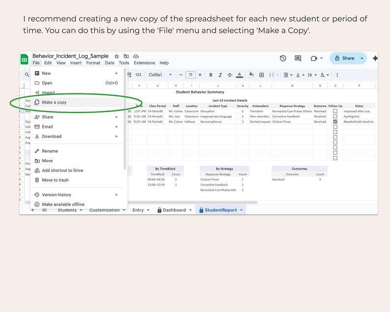 Behavior Incident Log Spreadsheet Google Sheets Quick Entry Auto ...