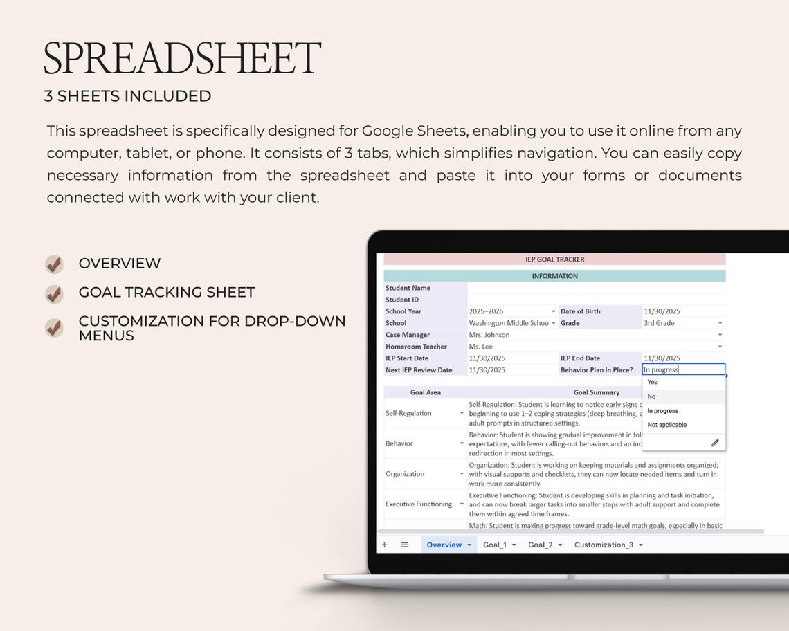 Special Education IEP Goal Tracker Single Student Daily Progress Google ...