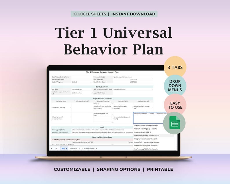 Behavior Intervention Plan Template IEP Tier 1 Spreadsheet Google ...