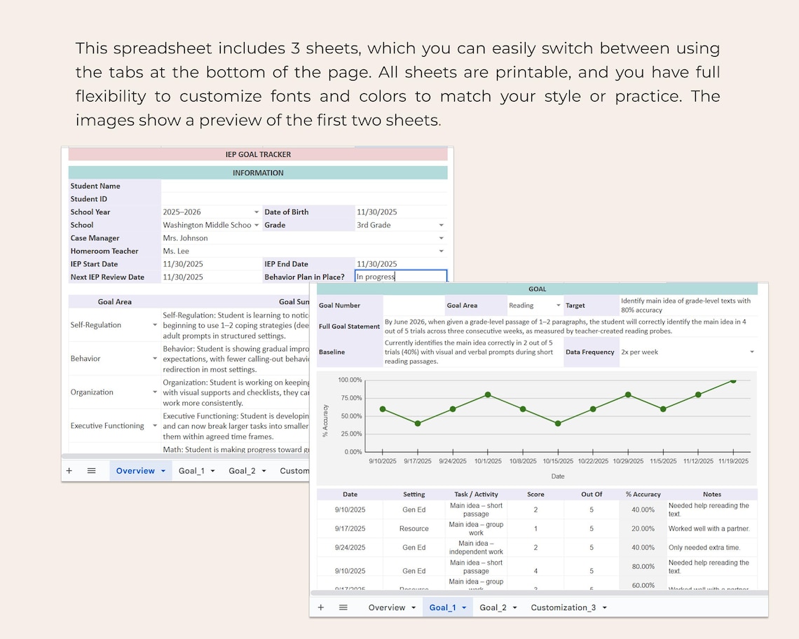 Special Education IEP Goal Tracker Single Student Daily Progress Google ...