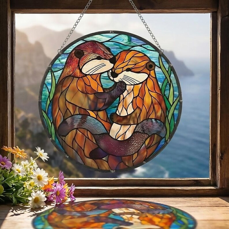 Hugging Otter Couple Glass Suncatcher Window Hanging, Animal Hanging ...