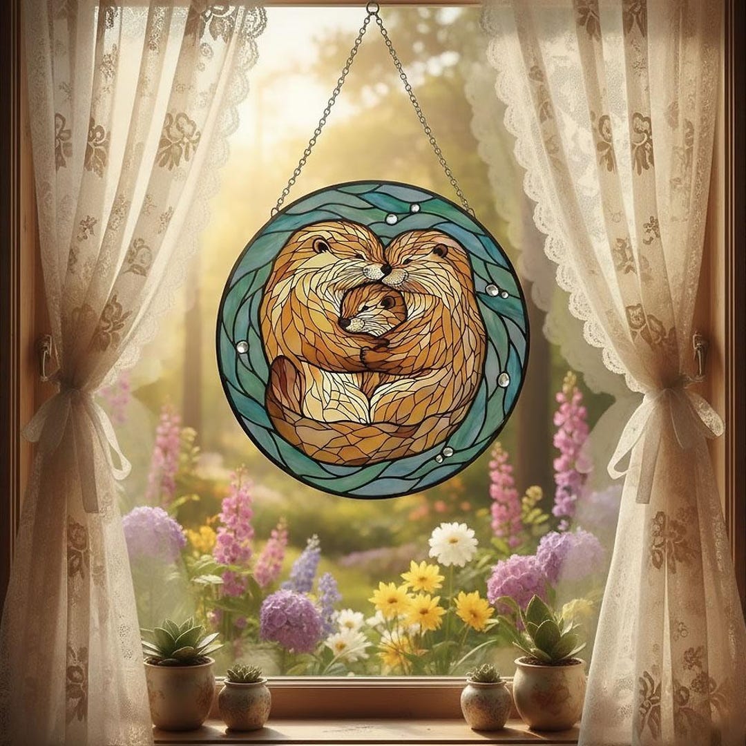 Otter Family Stained Glass Suncatcher, Animal Window Hanging - Etsy