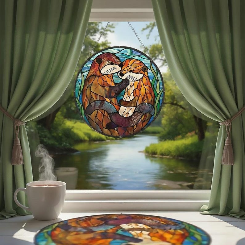 Hugging Otter Couple Glass Suncatcher Window Hanging, Animal Hanging ...