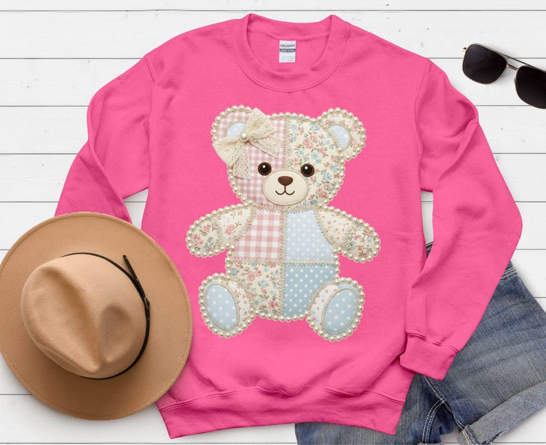 Faux Patchwork Teddy Bear Clipart – Pastel Floral Embroidery, Pearl ...
